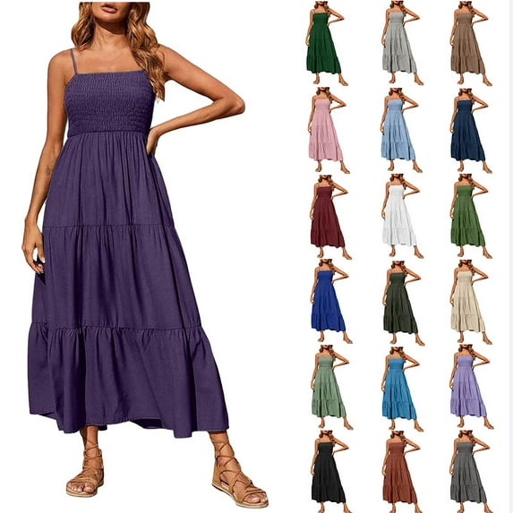Womens Summer Dresses Bohemian Spaghetti Strap Smocked Tiered Long ...