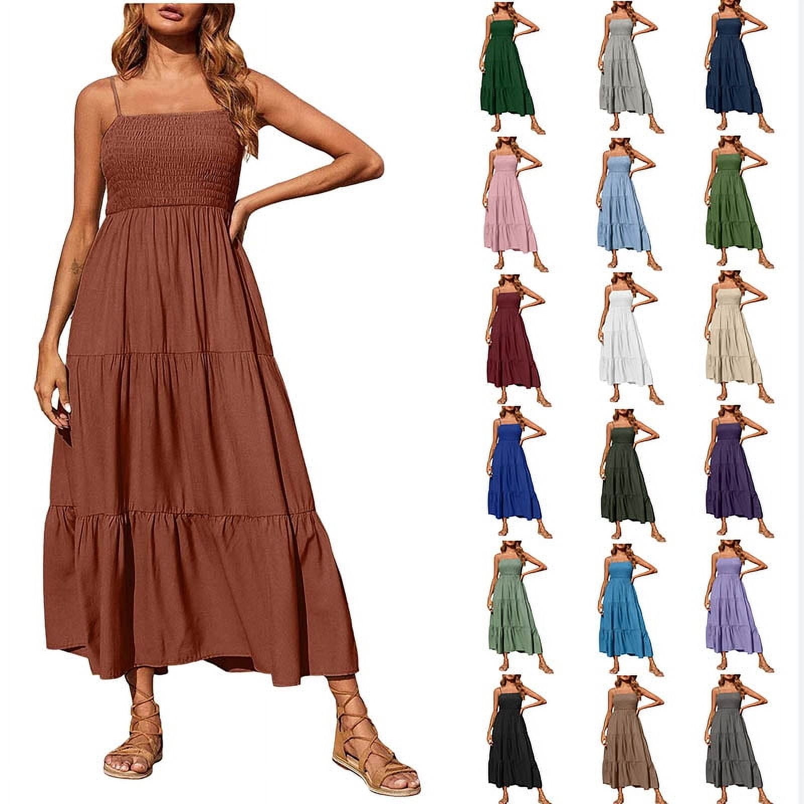 Womens Summer Dresses Bohemian Spaghetti Strap Smocked Tiered Long ...