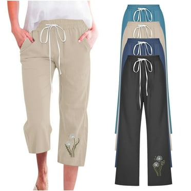 sovlvnd Summer Savings Capris Pants For Women Casual Summer Linen 3/4 ...