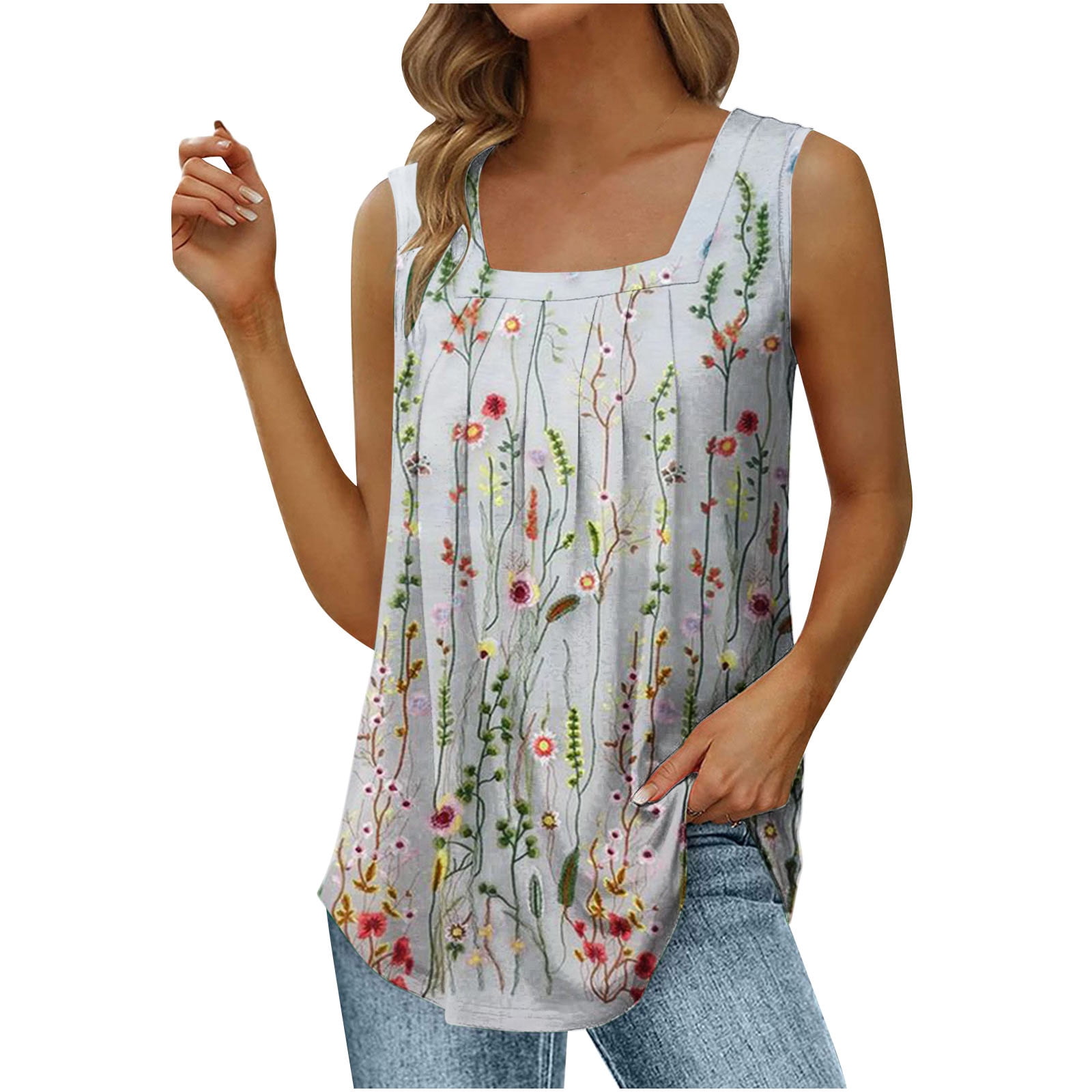 sovlvnd Women's Summer Over Size Casual Tank Tops Loose Fit Pleated Square Neck Sleeveless ...