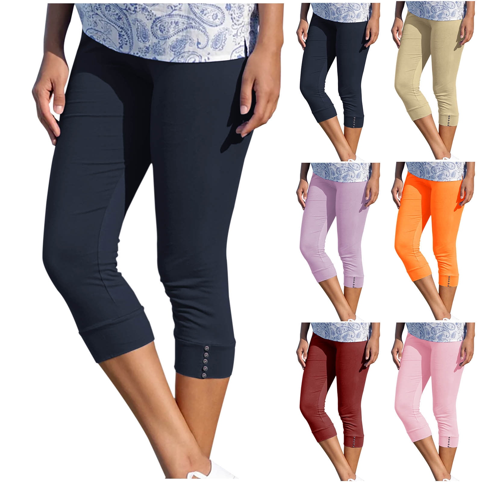 sovlvnd Womens Cropped Pants Summer High Waisted Solid Color Capris ...