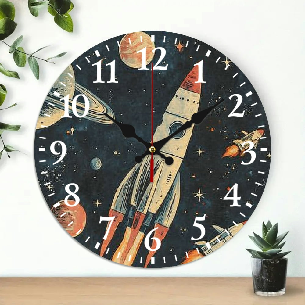 space rockets planets Round Wooden Wall Clock for Decor Wall art Decor ...