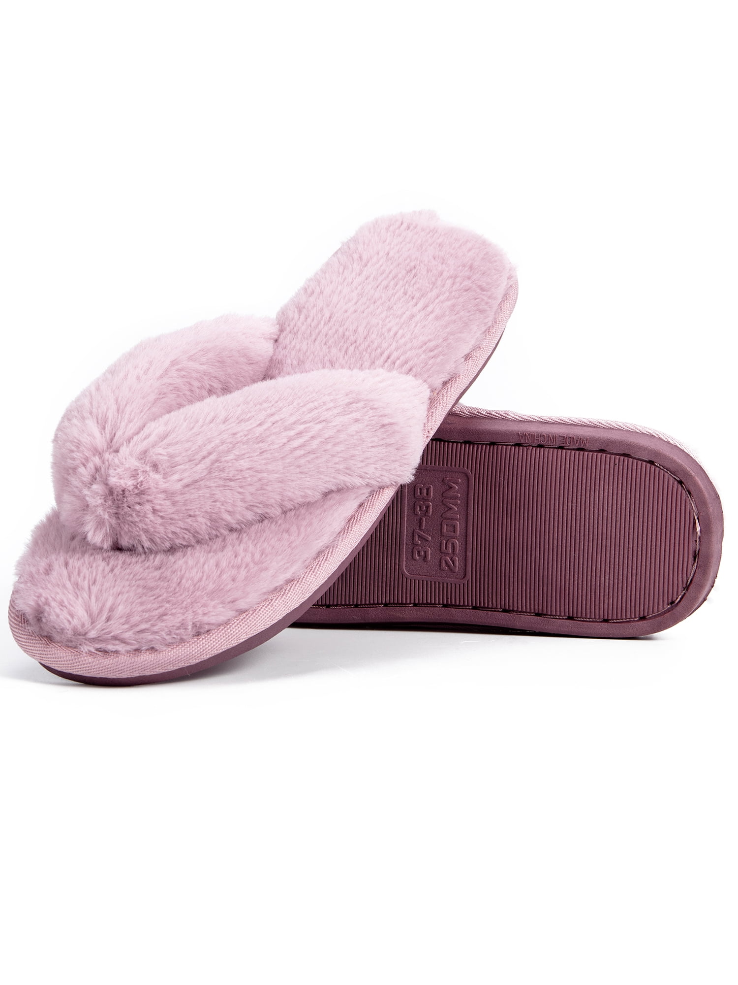 FALEXO Women's Comfy Fuzzy Fur Slippers Flip Flop Open Toe Cozy House ...