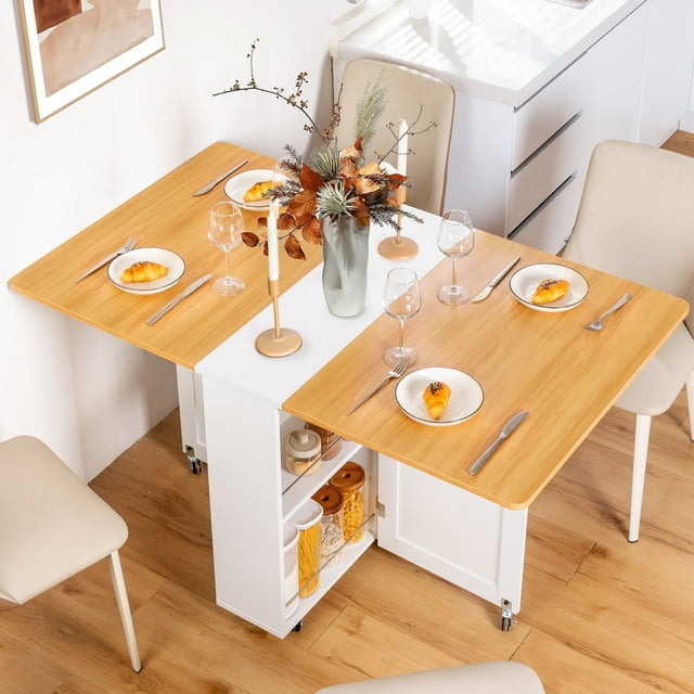 spanspace Folding Dining Table, Drop Leaf Dining Table with 6 Wheels ...