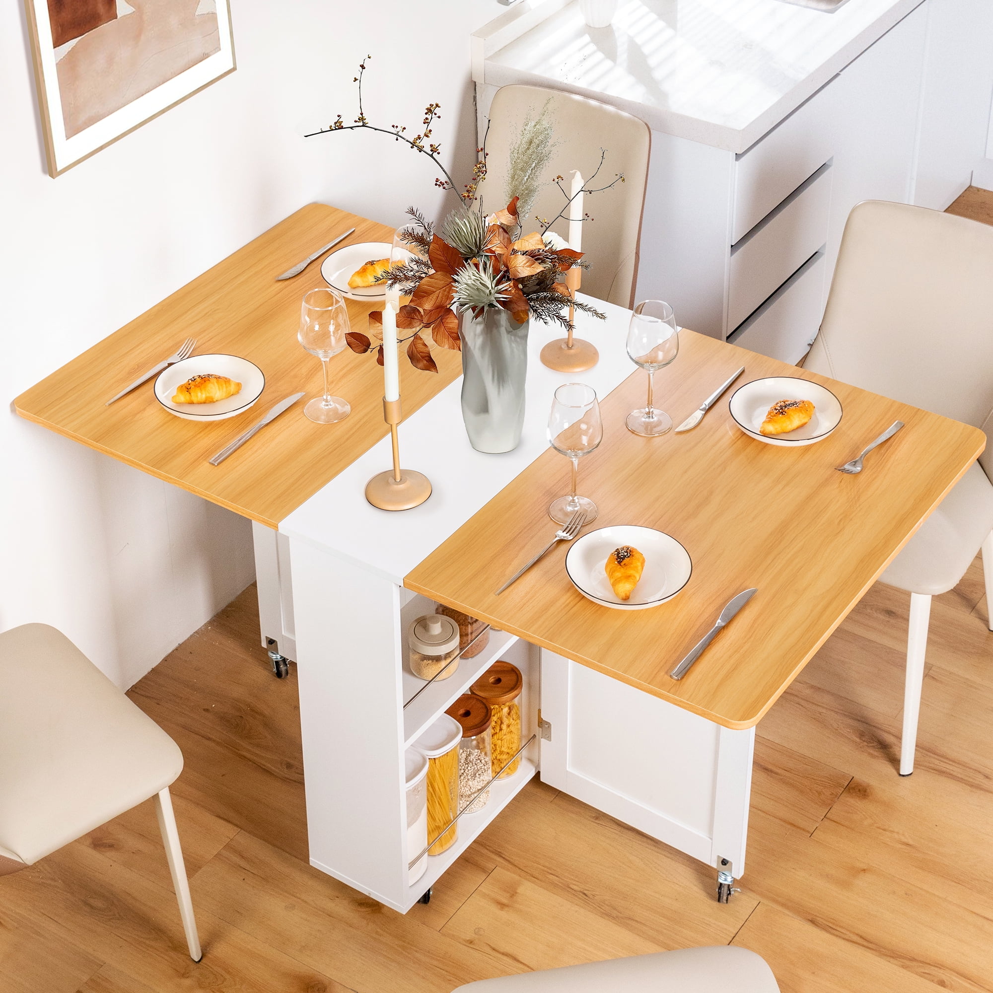 spanspace Folding Dining Table Drop Leaf Dining Table with 6 Wheels and 2 Layer Storage Shelf Space Saving Dining Table for Small Spaces Folding