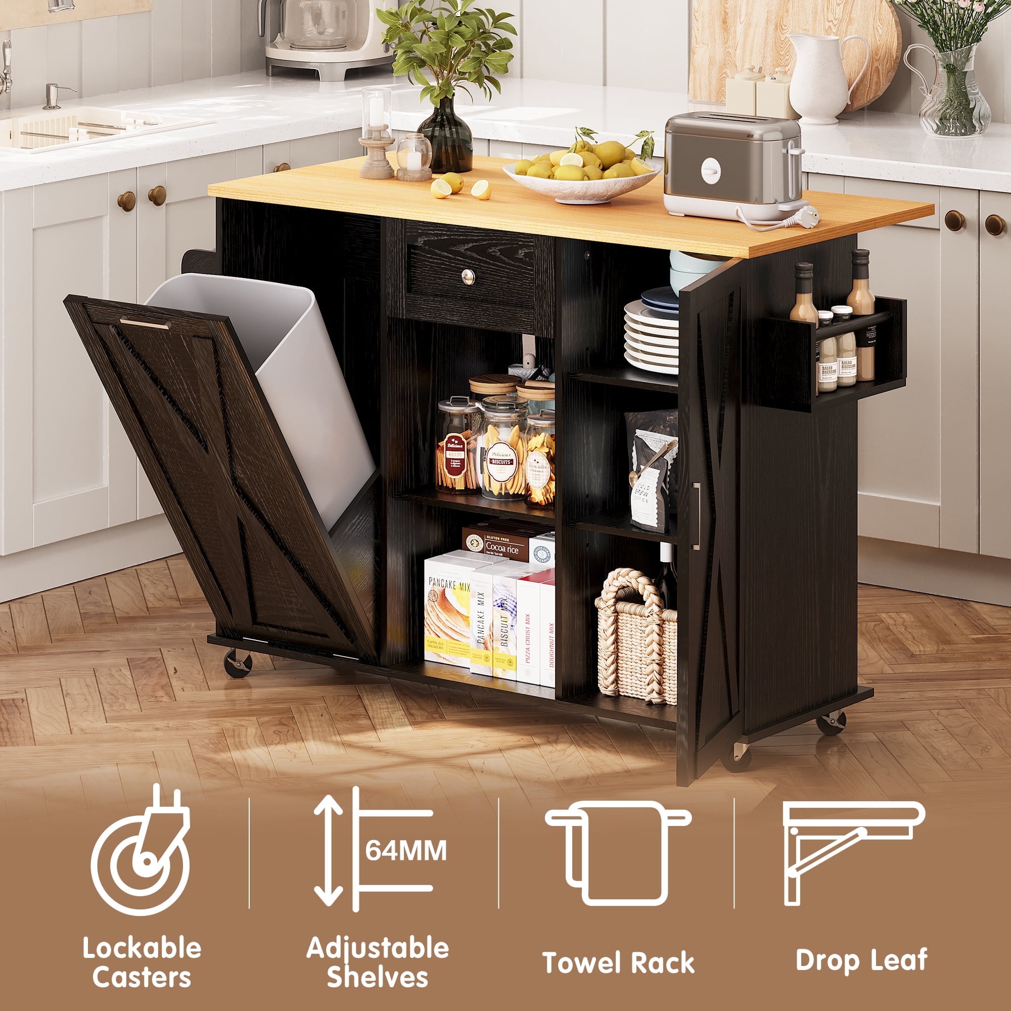 spanspace 48" Kitchen Island Cart with Drop Leaf , 10 Gallon Storage ...