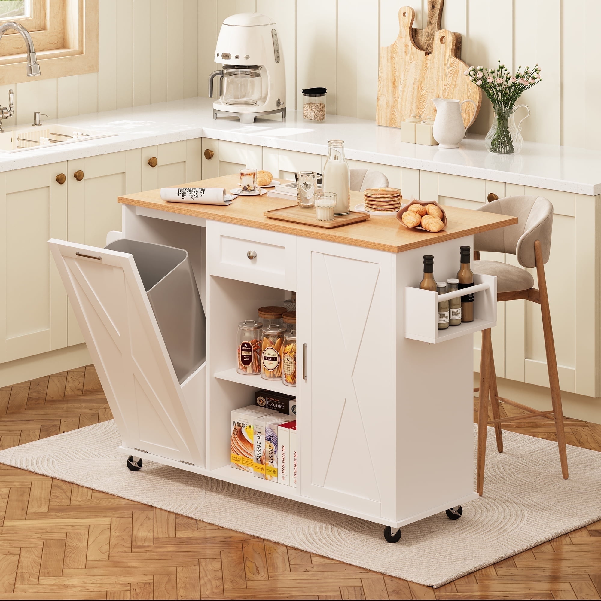 spanspace Rolling Kitchen Island with Drop Leaf,Tilt Out Kitchen Trash ...