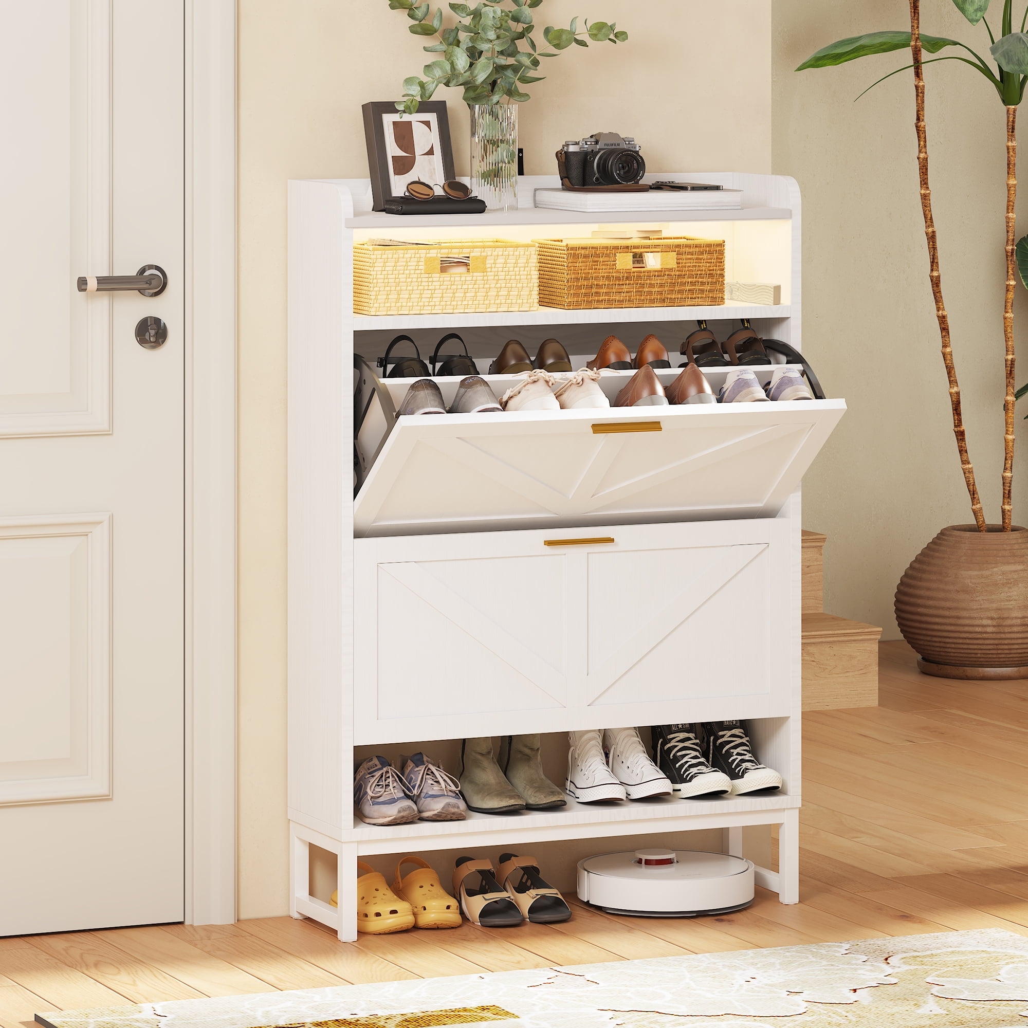 spanspace Slim Shoe Cabinet, 2 Flip Drawers, Narrow Shoe Storage with ...