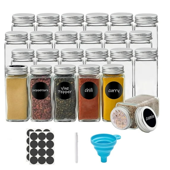 Behome 24 Pcs Glass Spice Jars with Spice Labels, 4oz Empty Square ...