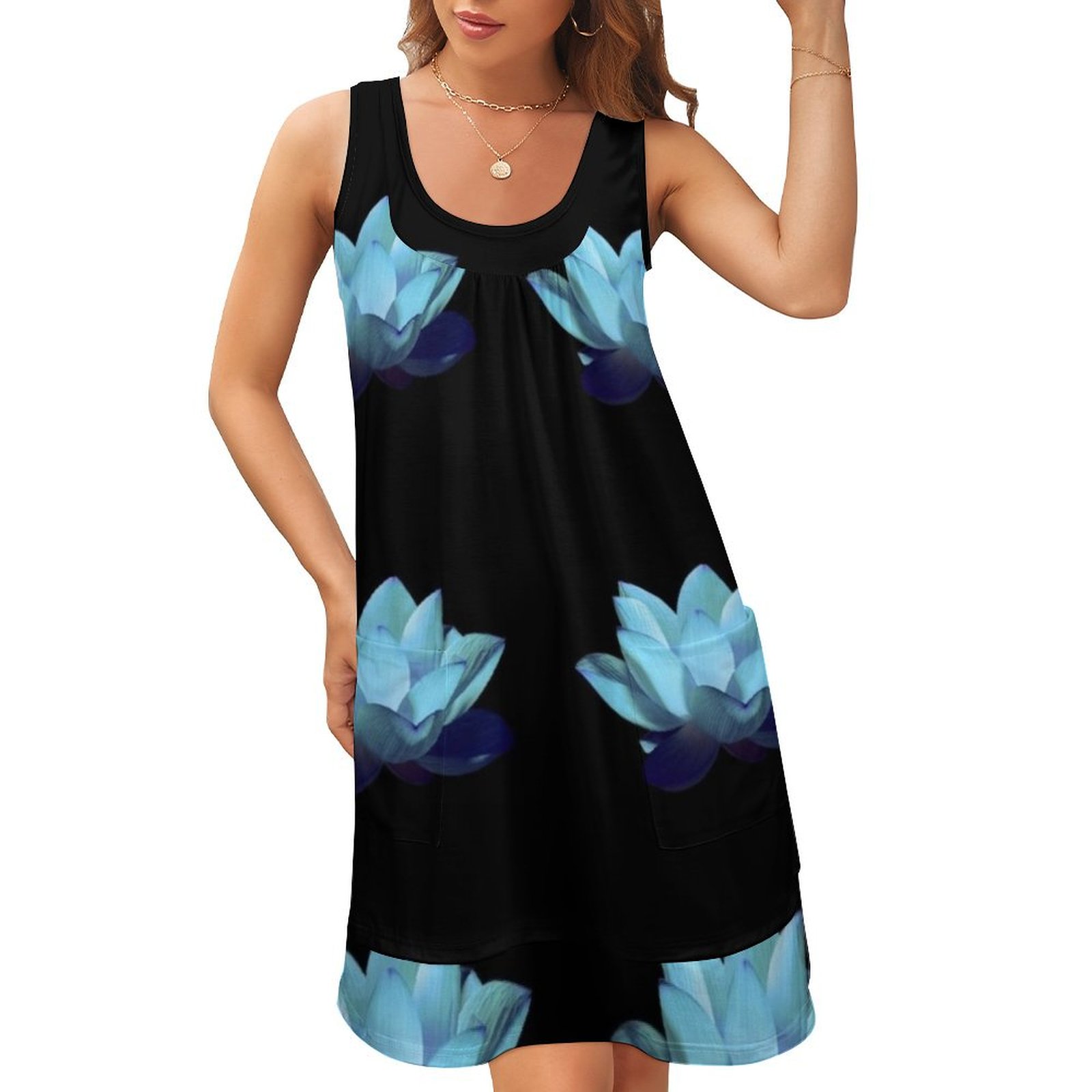spiritual blue lotus Sleeveless U-Neck Fake Two Piece Dress summer ...
