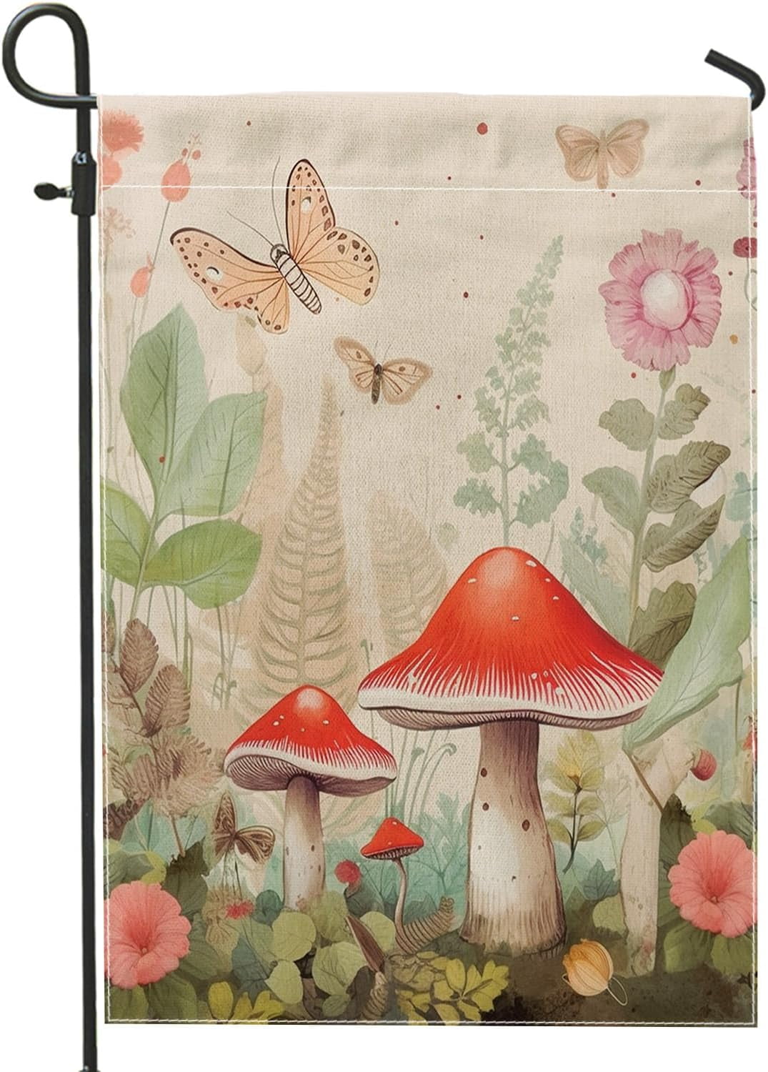 spring garden flag Retro Mushroom Botanical Leaves Flower Butterfly ...