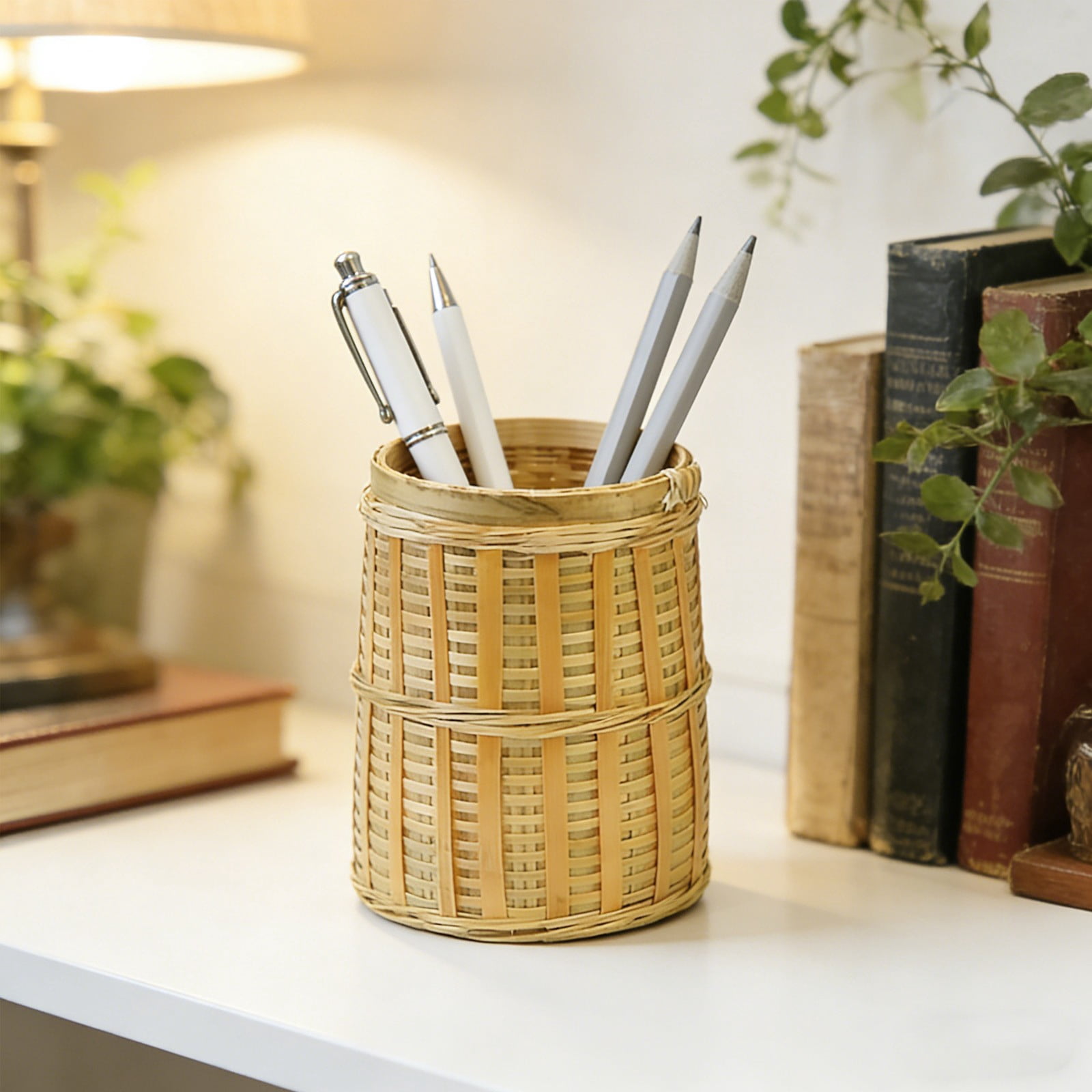 sruoe Natural Wood Woven Pen Holder, Retro Cylindrical Wooden Storage ...