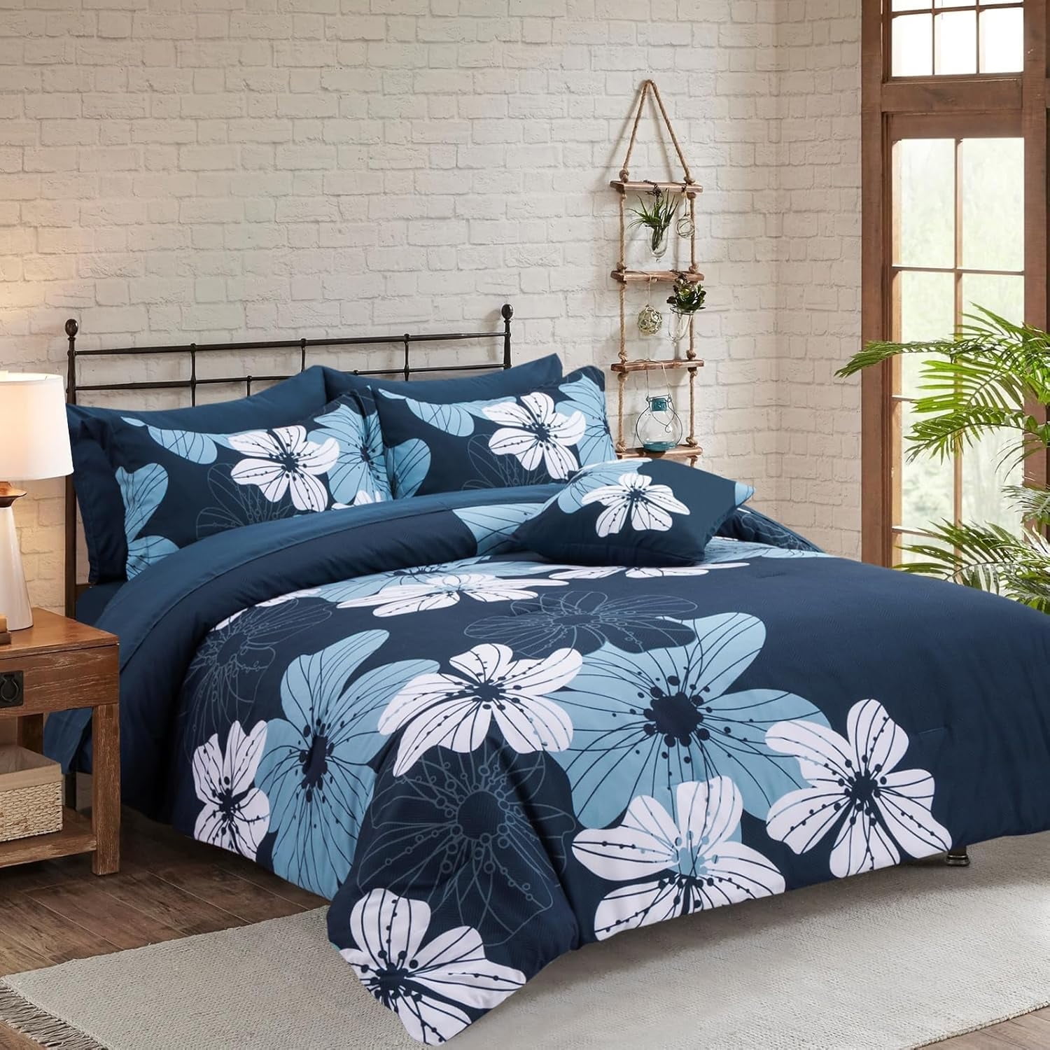 NTBED Floral Comforter Set King 6 PCS Bed in a Bag Blue Flowers Printed ...