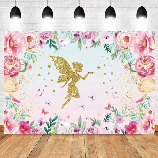 ss Backdrops Photography Gold Elf Pink Flowers Stars Happy Birthday ...