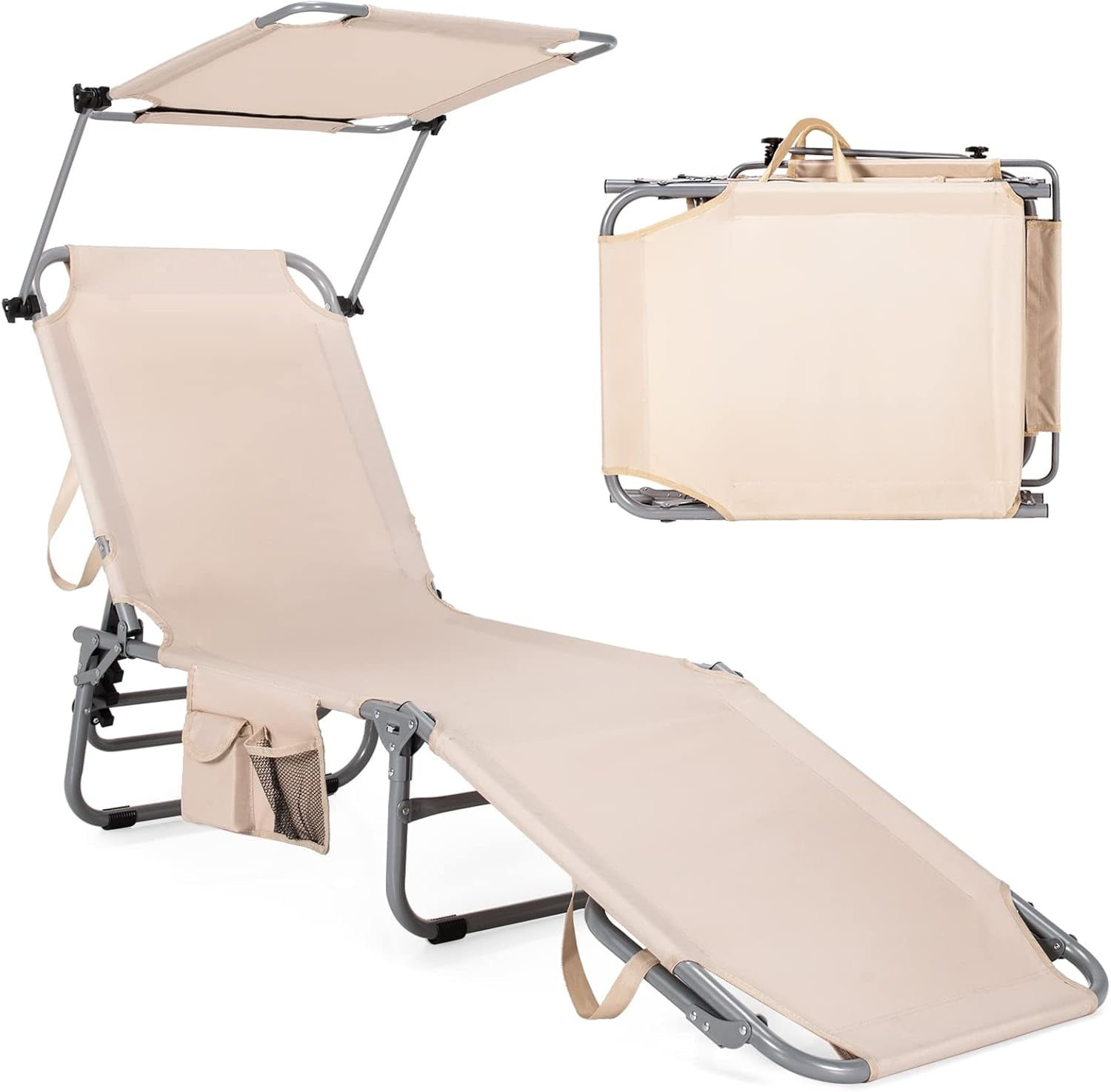 ssybab Tanning Chair, Beach Lounge Chair with Canopy Sunshade, Carry ...