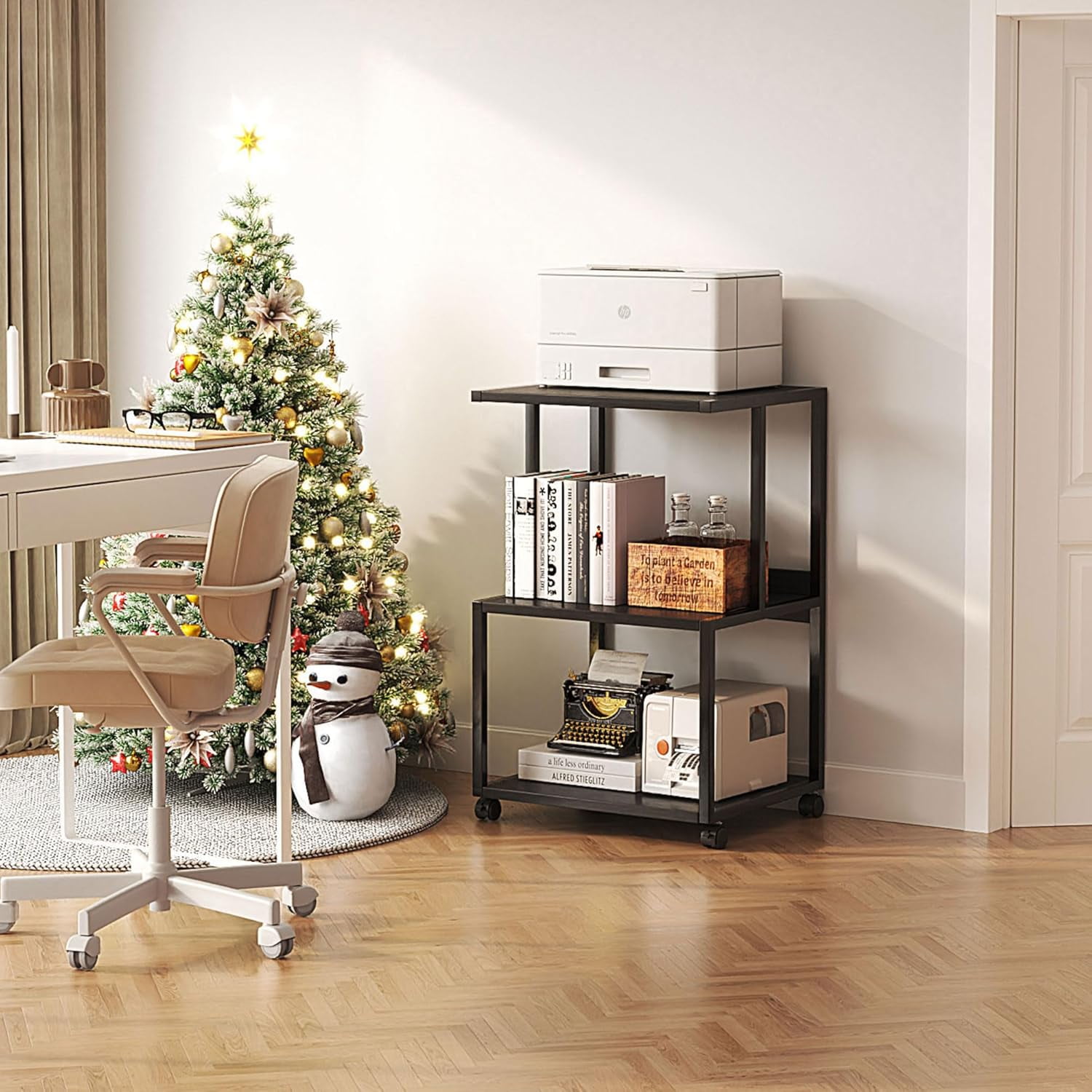 staple Black Printer Stand-Small 3 Tier Printer Table with Wheels ...