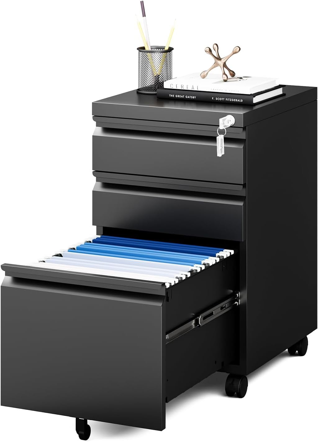 staple File Cabinet 3 Drawers on Wheels Under Desk, Black Metal Rolling ...