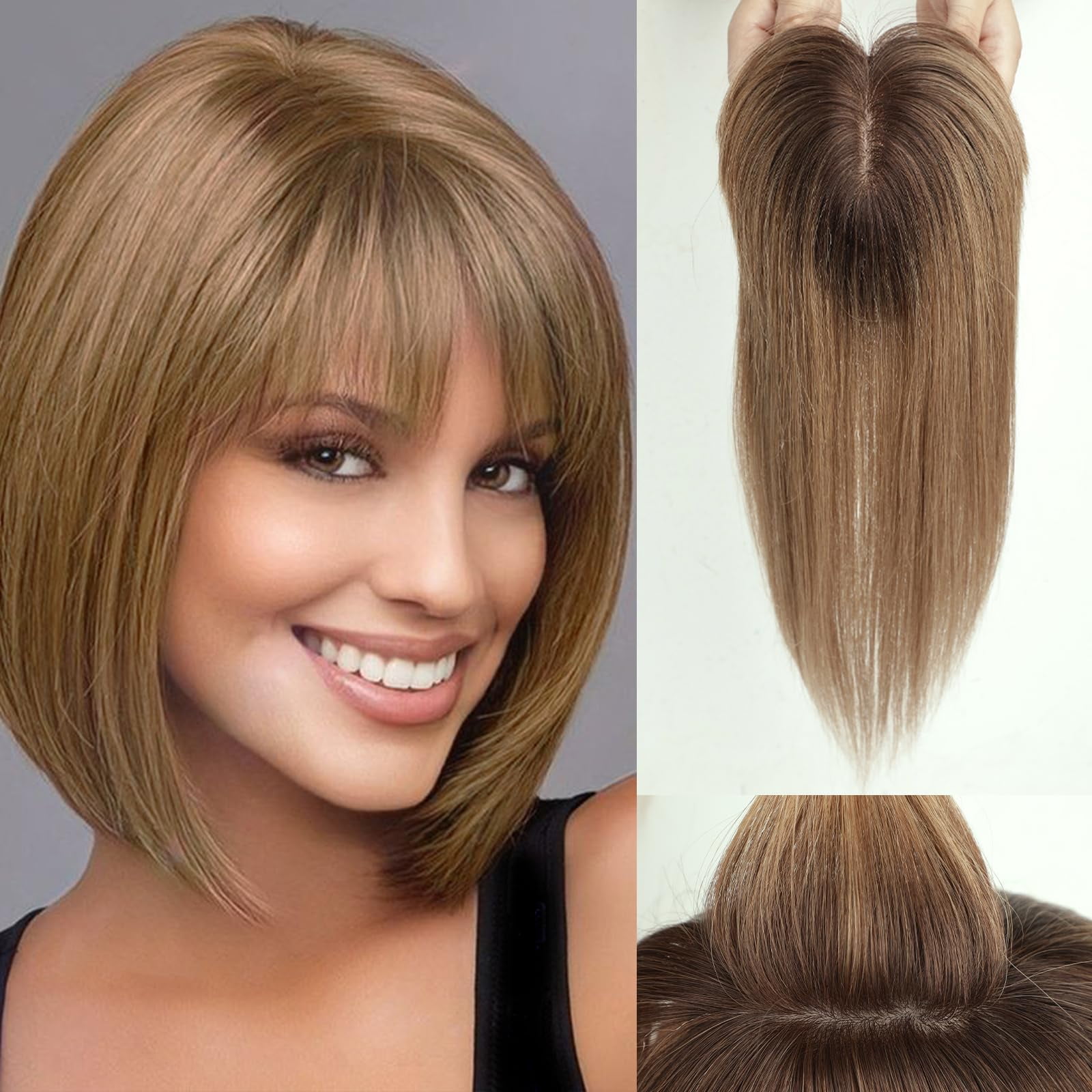 starluck Hair Toppers for Women, Real Human Hair 130% Density, Hair Loss Cover with Bangs, Silk ...