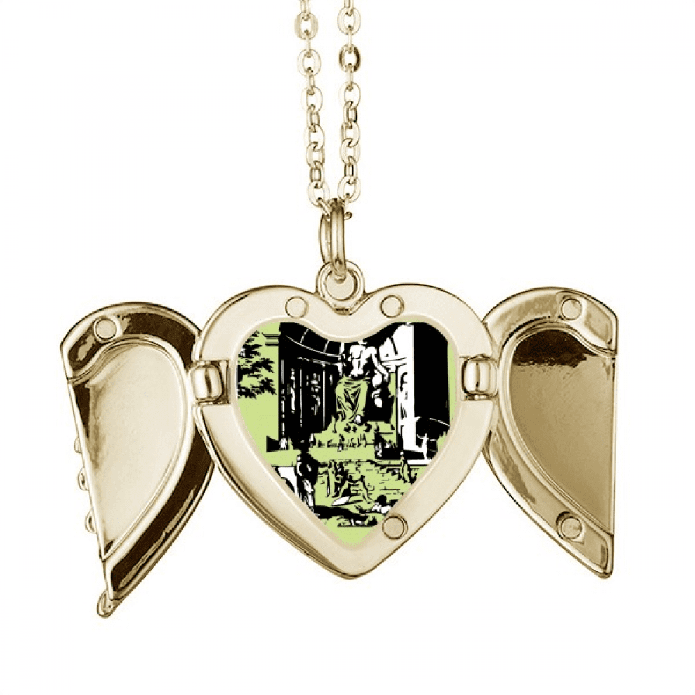 statue god art deco fashion Folded Wings Peach Heart Pendant Necklace ...