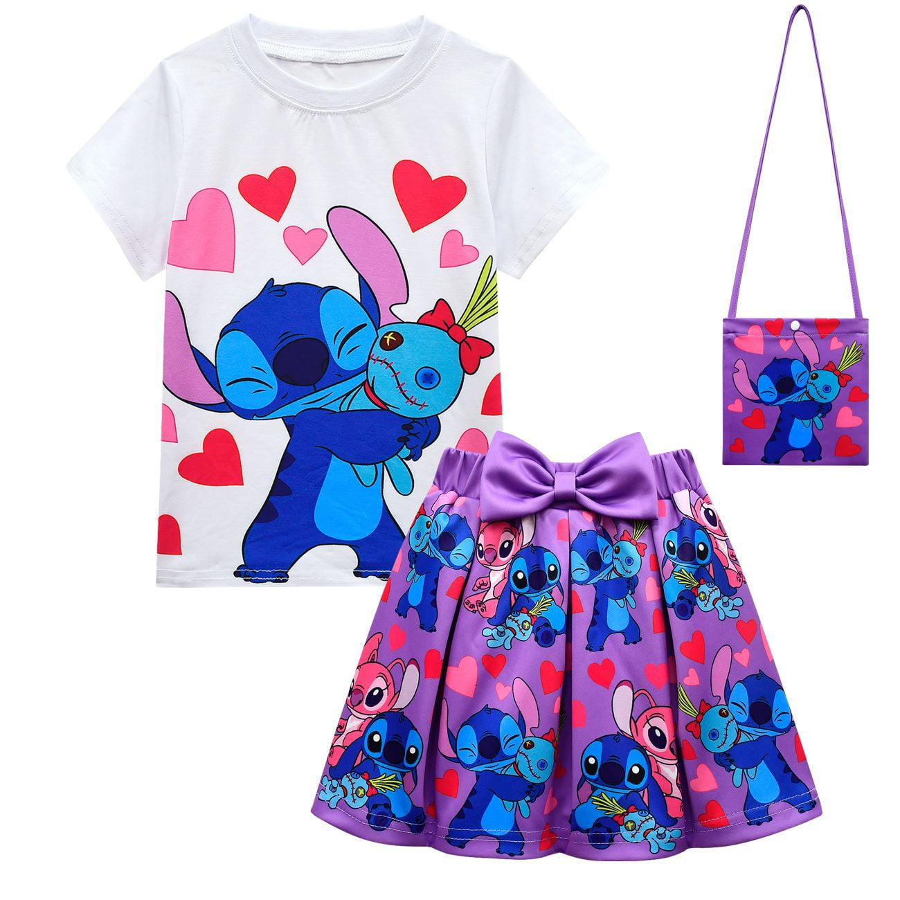 stitch Girls Cartoon Short Sleeve Shirt and 3D Printed Skirt Set with ...