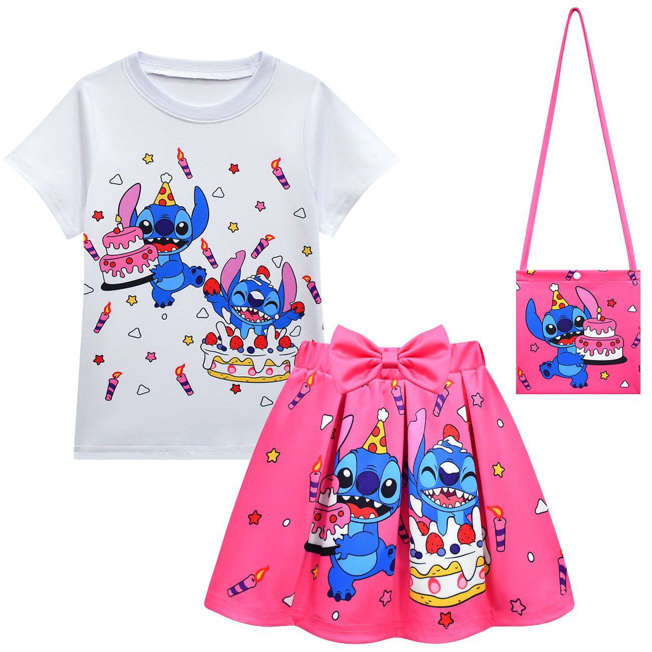 stitch Girls Cartoon Short Sleeve Shirt and 3D Printed Skirt Set with ...
