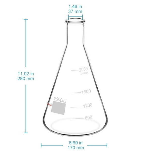 stonylab 1 Pack Glass 2000 ml Heavy Wall Narrow Mouth Erlenmeyer Flasks with Heavy Duty Rim ...