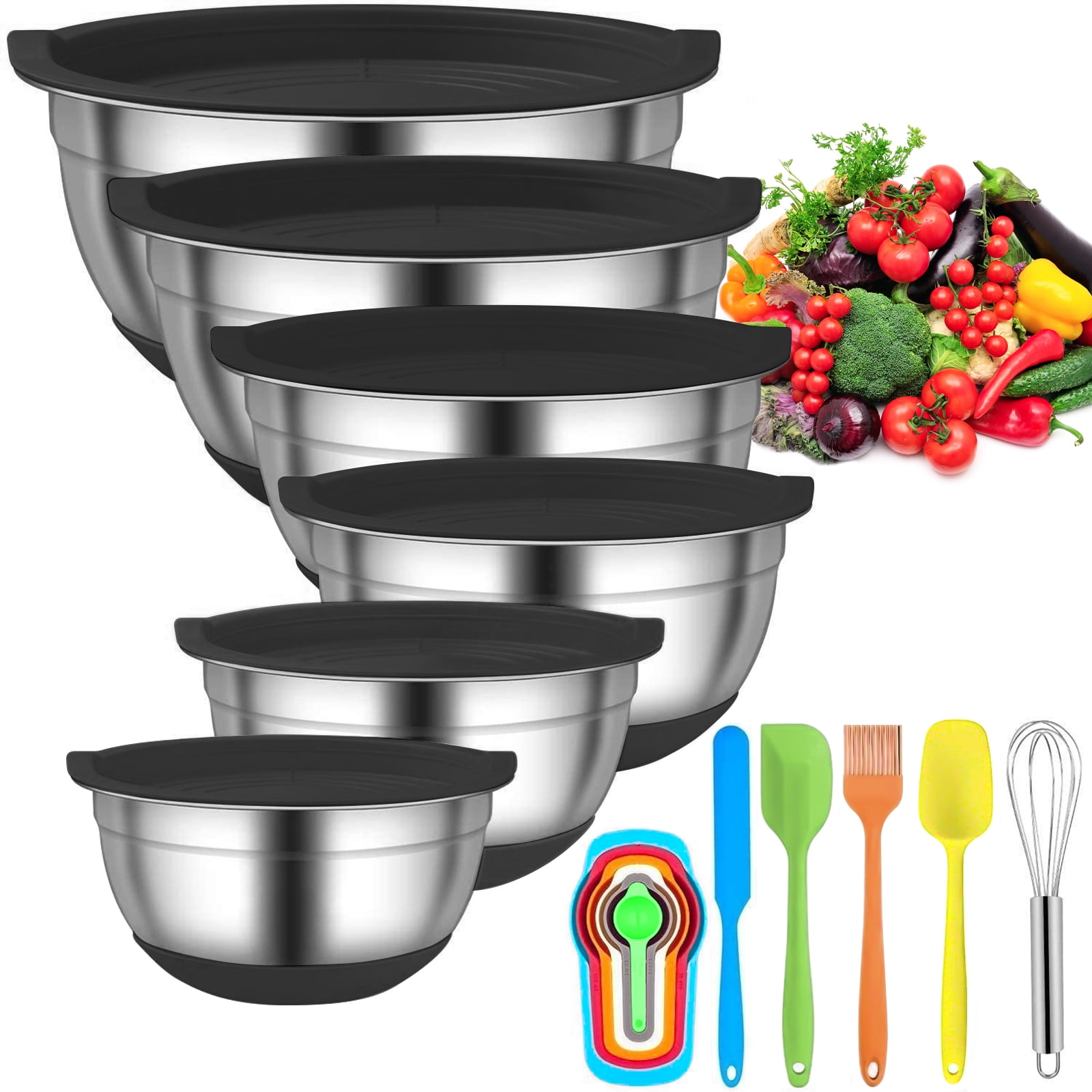 stusgo 6 Pcs Mixing Bowls with Lids,Stainless Steel Mixing Bowls,Black ...