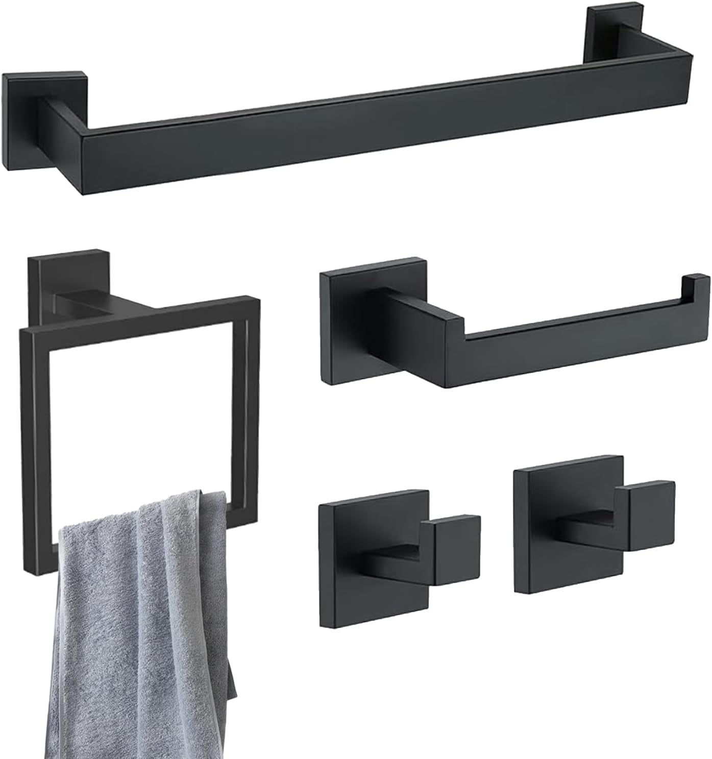 stusgo Matte Black 5-Piece Square Bathroom Hardware Set,60cm Towel Bar ...