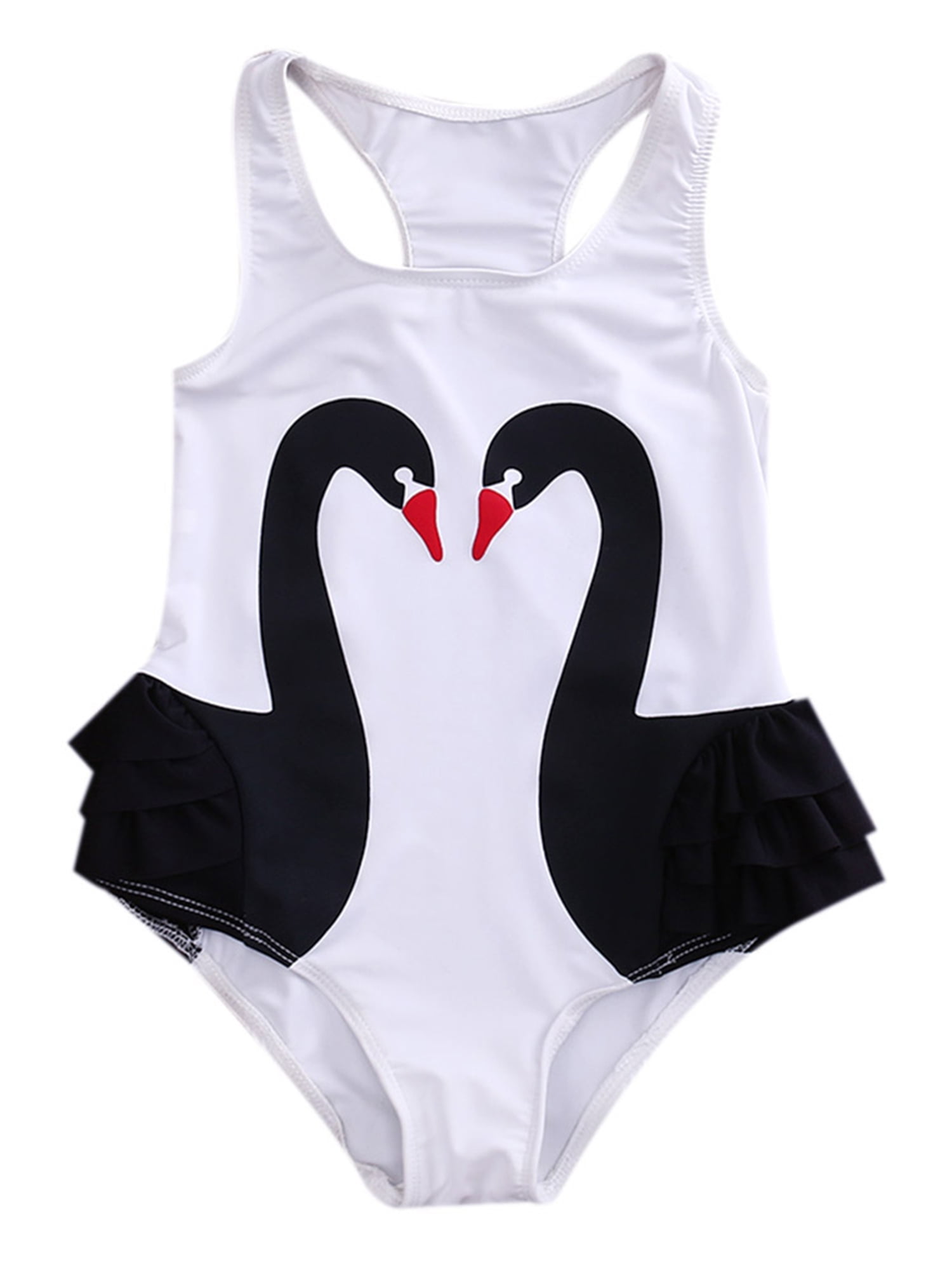 stylesilove Kid Girl One Piece Swan Print Ruffle Swimsuit Beachwear ...