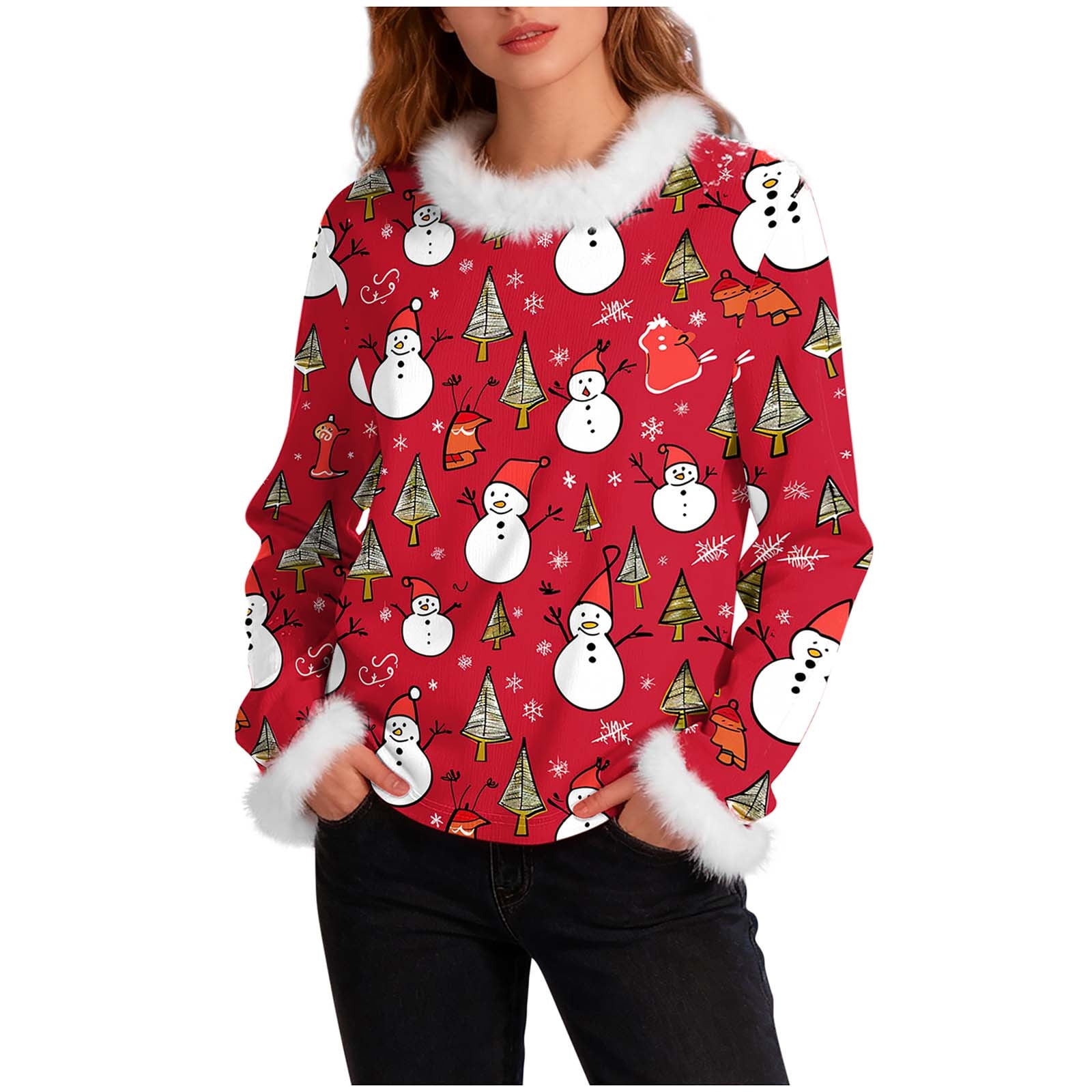 successthop Christmas Long Sleeve Shirts Women Snowman Fuzzy Neck ...
