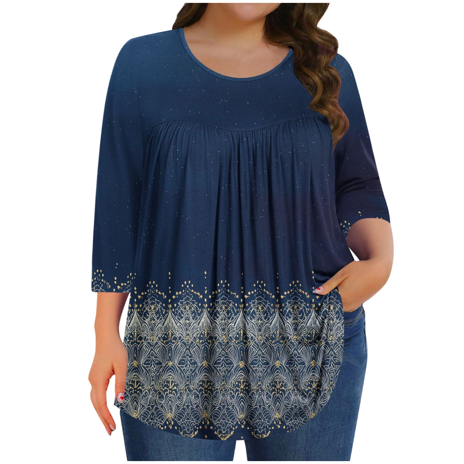 successthop Floral Blouses for Women Plus Size 3/4 Sleeve Tunic Top ...