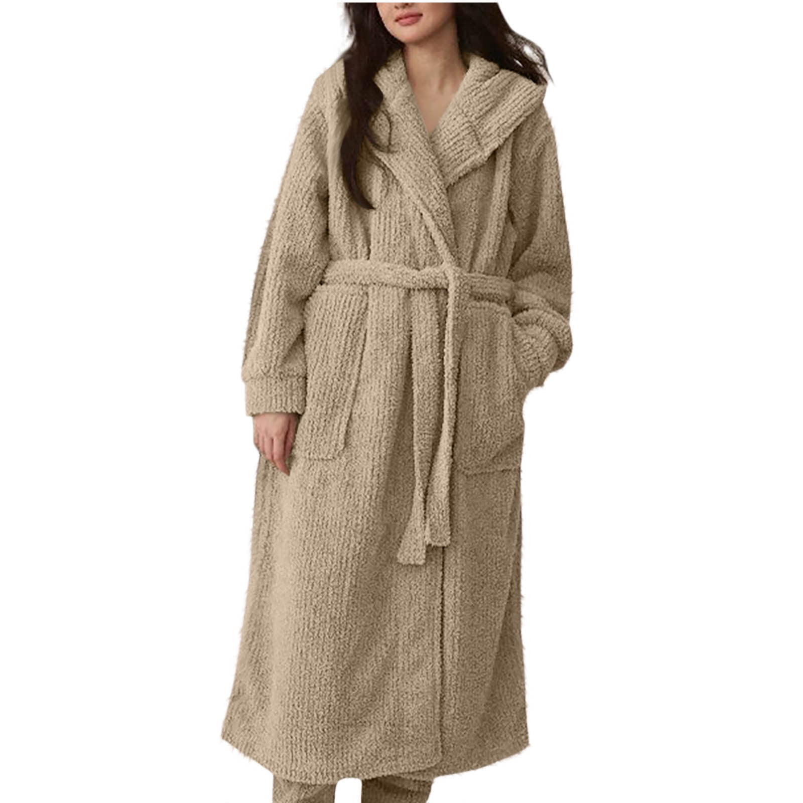successthop Fuzzy Robe with Hood Women FLeece Soft Bathrobe Belted Long ...