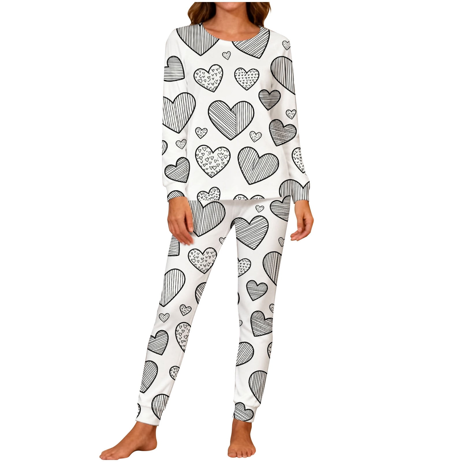 successthop Pajamas Couple Set Heart Long Sleeve Crewneck Pullover Top ...