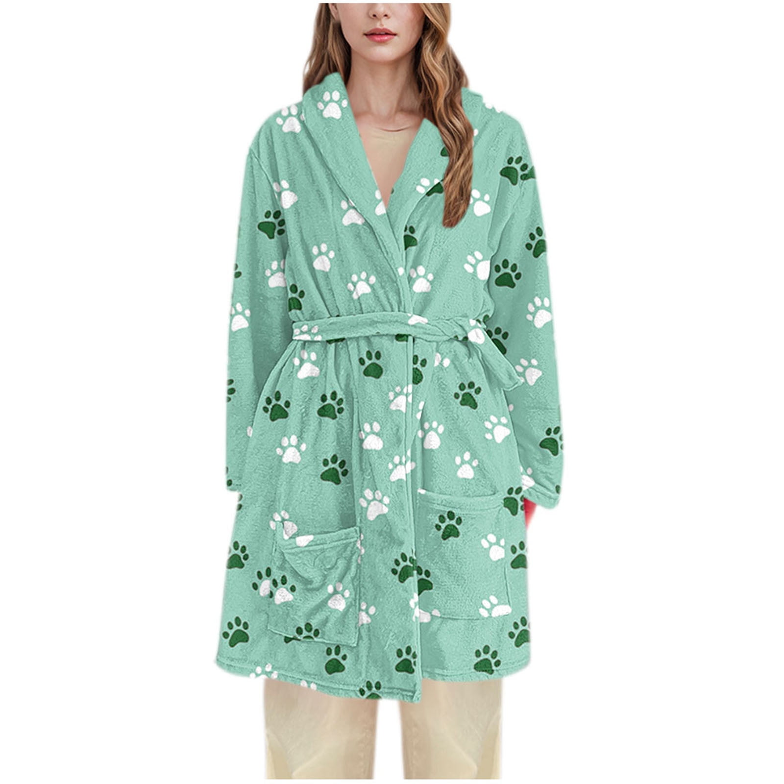 successthop Plus Size Flannel Robe Women Fuzzy Pajamas Belted Knee ...