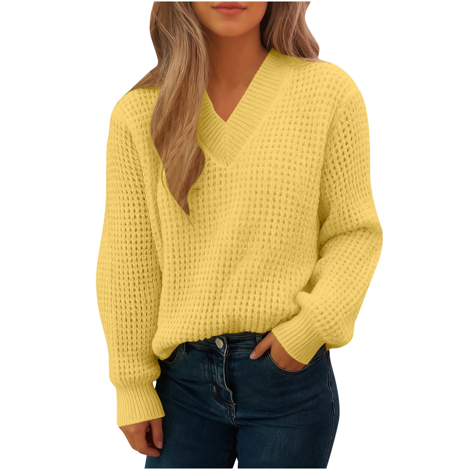 successthop V Neck Sweaters for Women Long Sleeve Crochet Trendy Loose ...