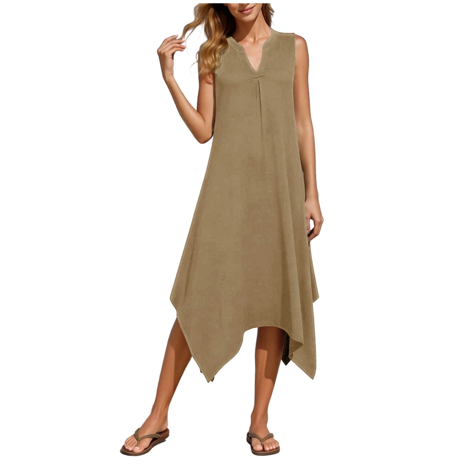 successthop Vacation Dresses for Women Beach Ruched V Neck Midi Dress ...