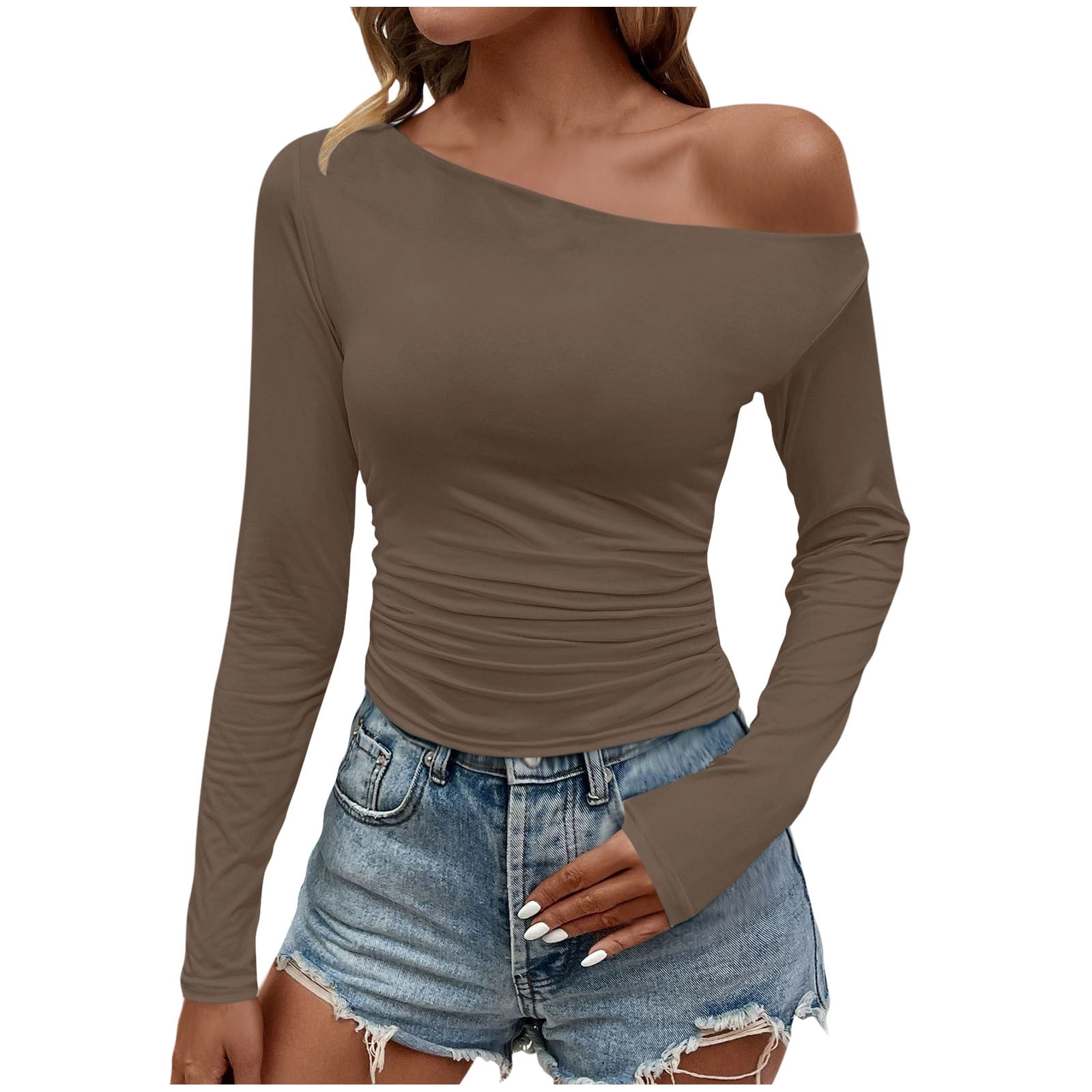 successthop Womens Plain Shirt Off Shoulder Long Sleeve Top Lightweight ...