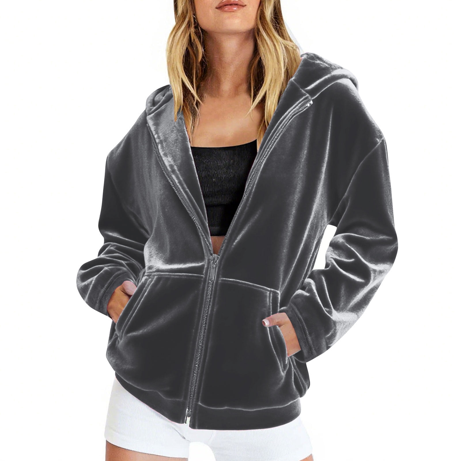 successthop Womens Velvet Jacket Winter Coat with Pockets Long Sleeve ...