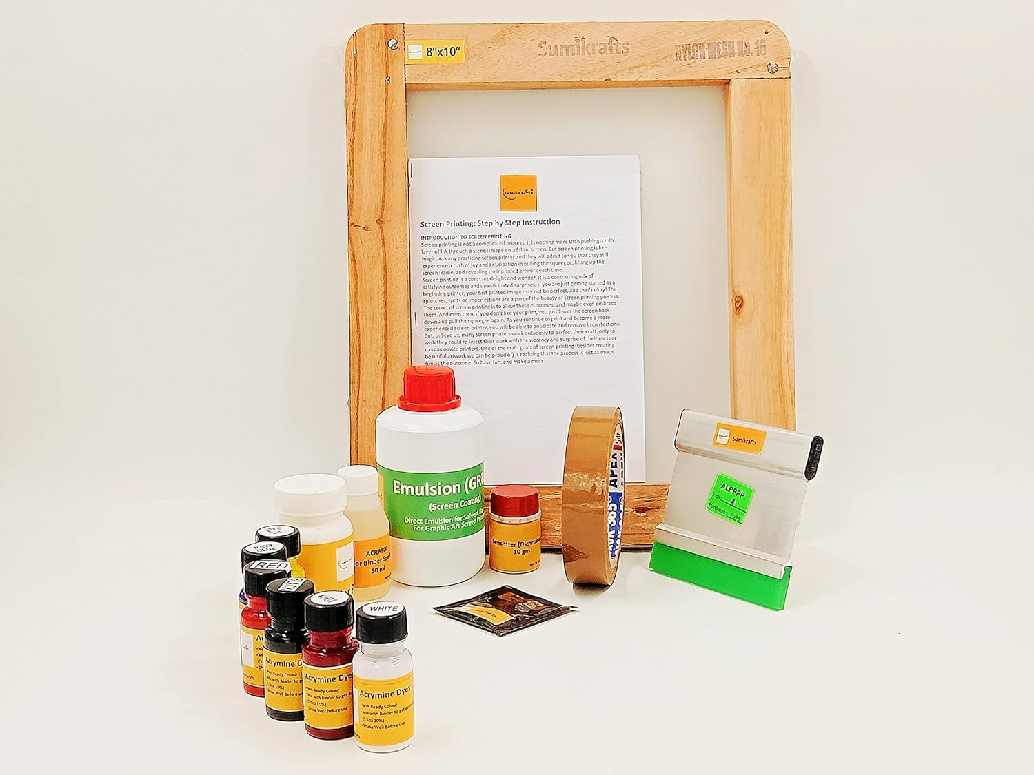 sumikrafts Screen Printing kit for Beginners 6 Assorted Pigment Dyes Wooden Frame Small 8x10 pre ...