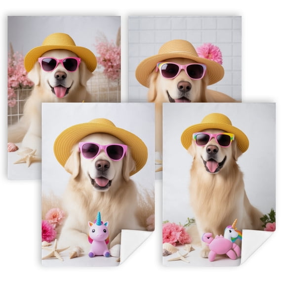 summer bathroom hand towels A dog wearing a straw hat and sunglasses ...