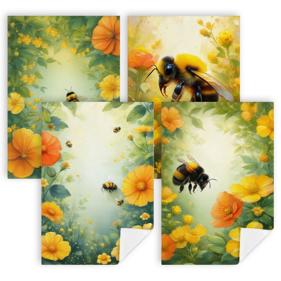 summer bathroom towels A painting of a bee flying over a field of ...