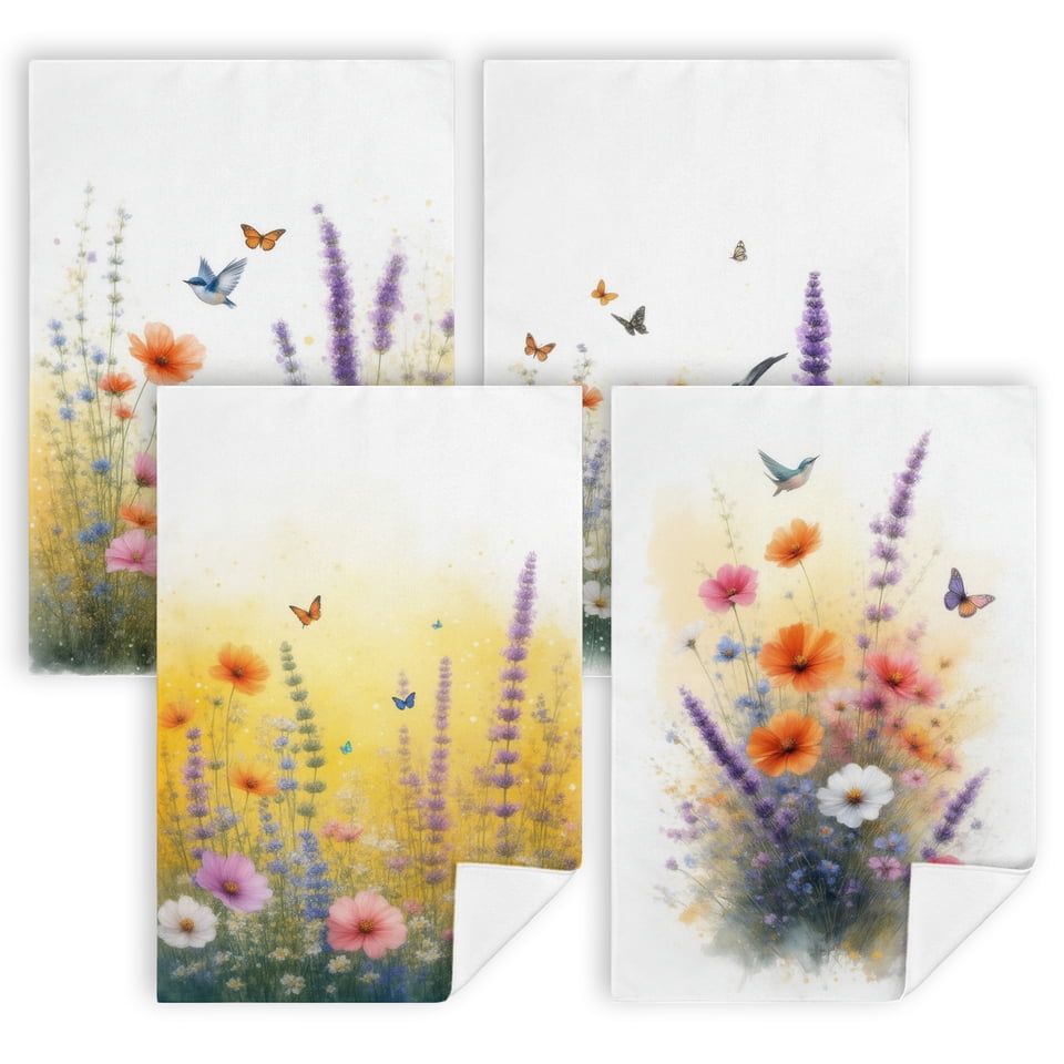 summer bathroom towels A painting of a bird flying over a field of ...