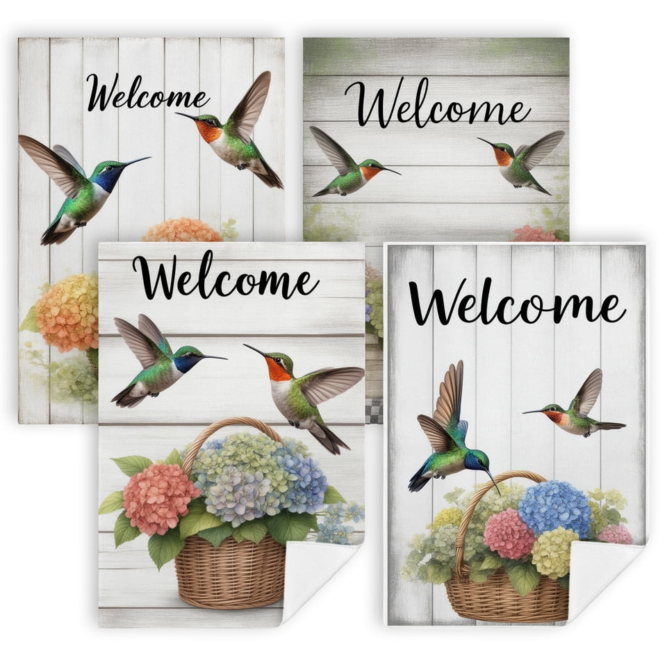 summer bathroom towels A welcome sign with two hummingbirds flying over ...