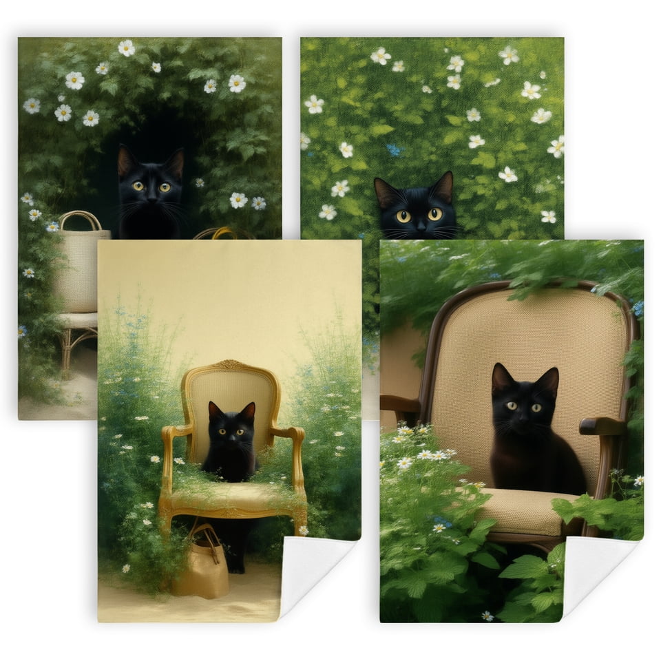 summer dish towels A black cat sitting next to two chairs in a garden ...