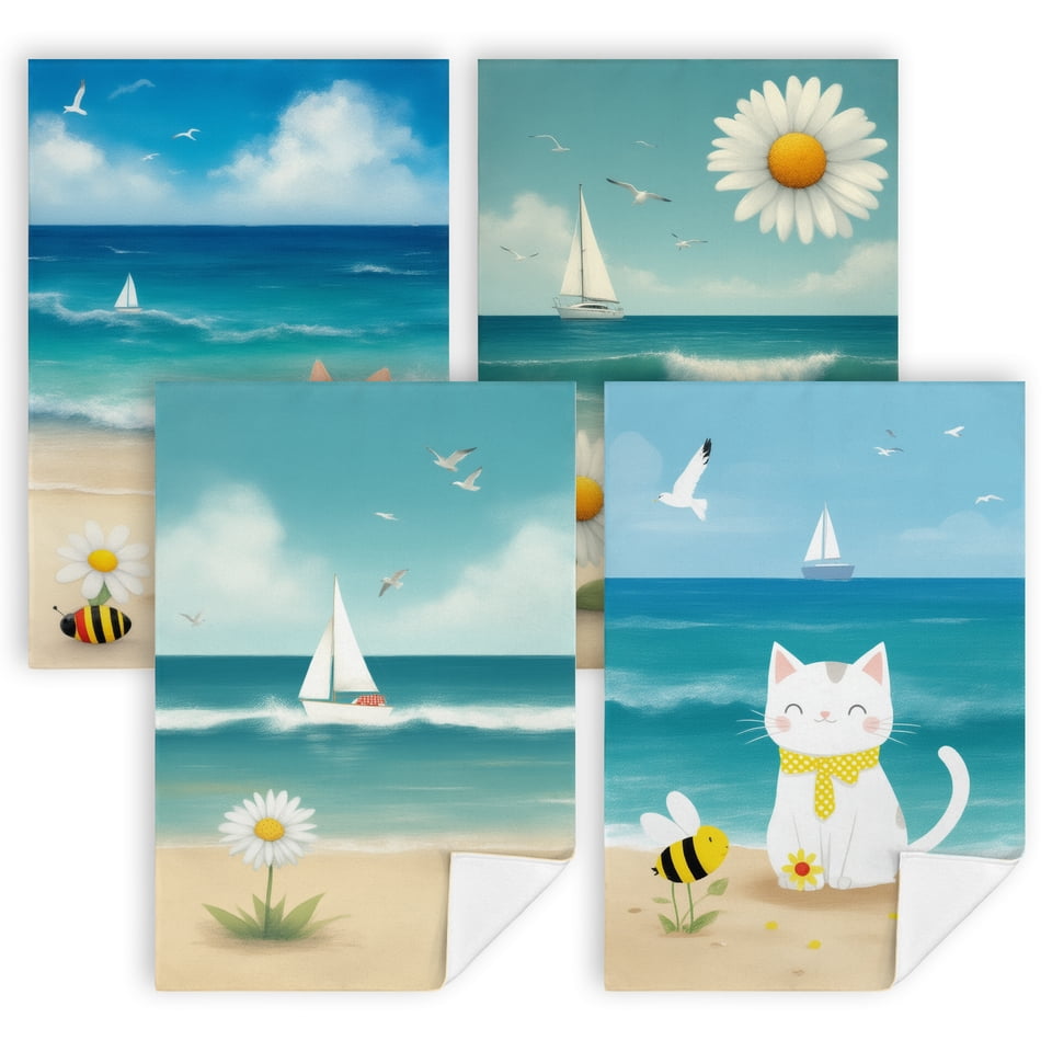 summer dish towels A cat sitting on a beach next to a flower and a bee ...