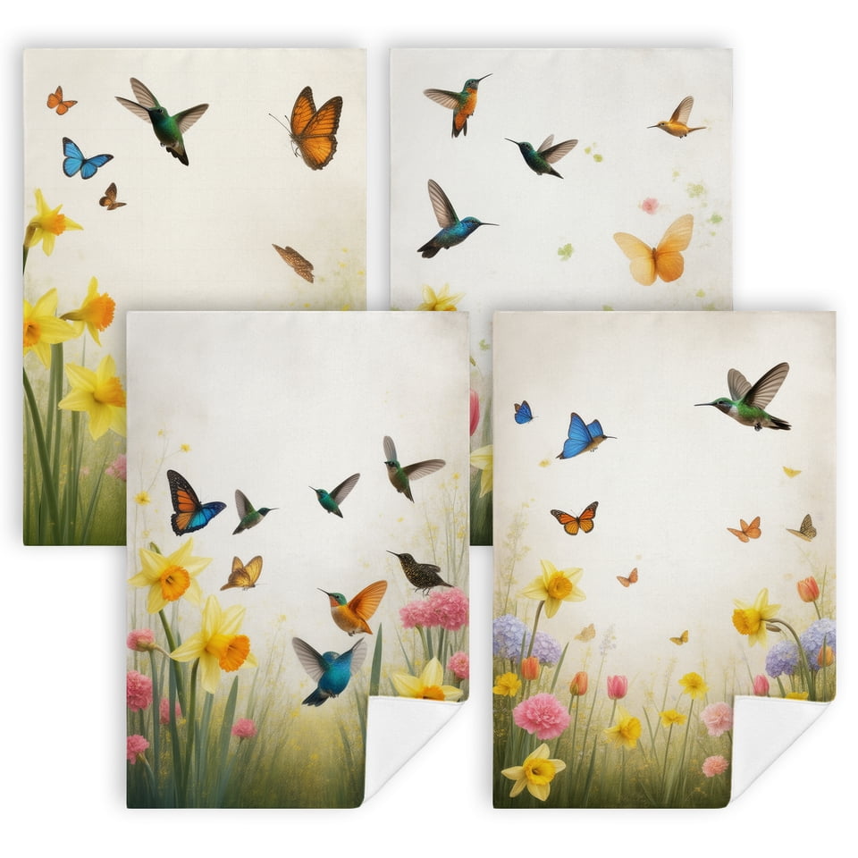 summer dish towels A group of birds flying over a field of flowers and ...