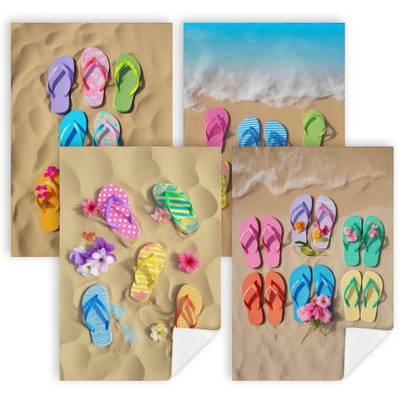 summer dish towels A group of colorful flip flops on a sandy beach ...