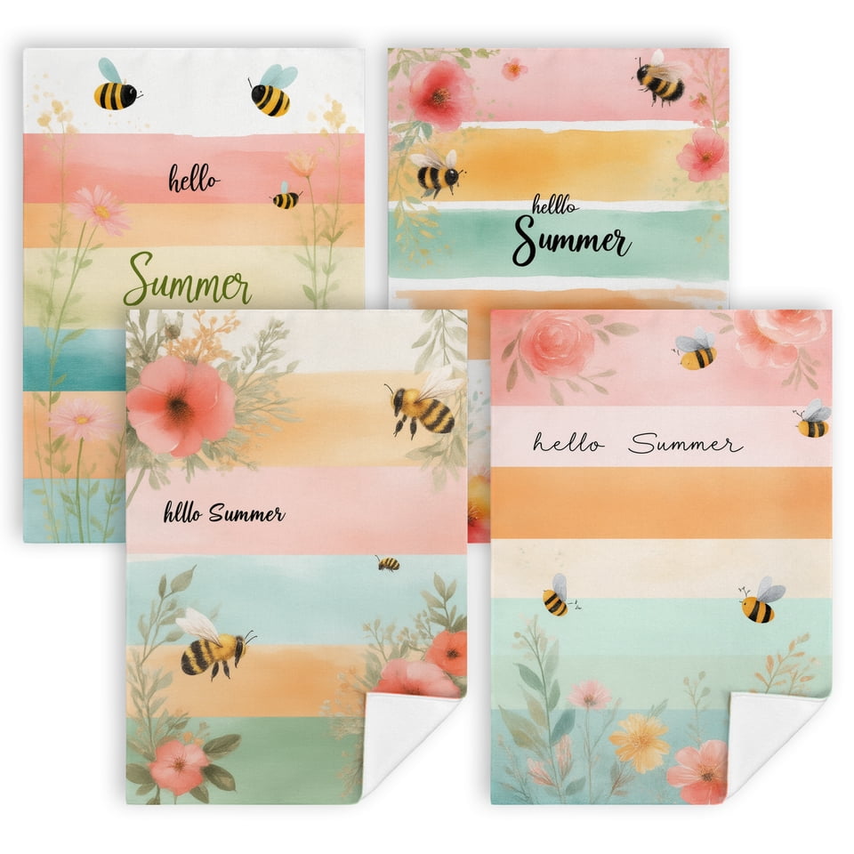 summer dish towels A hello summer card with bees and flowers on a ...