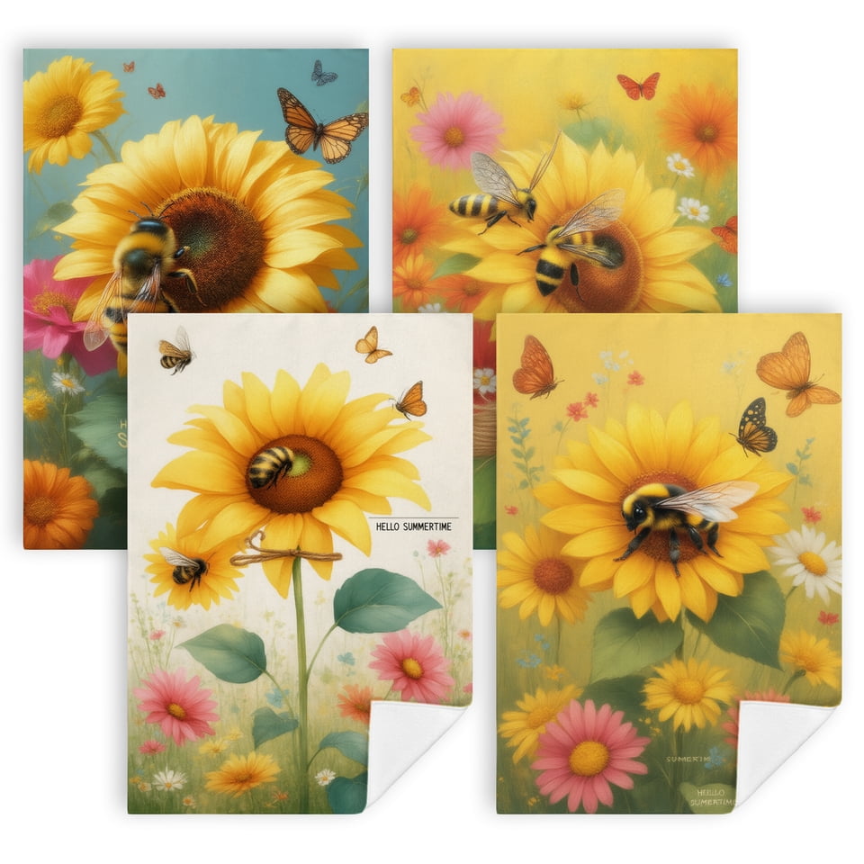 summer dish towels A painting of a sunflower with a bee on it kitchen ...