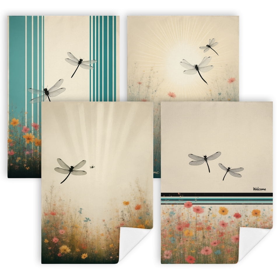 summer dish towels A welcome sign with two dragonflies flying over a ...